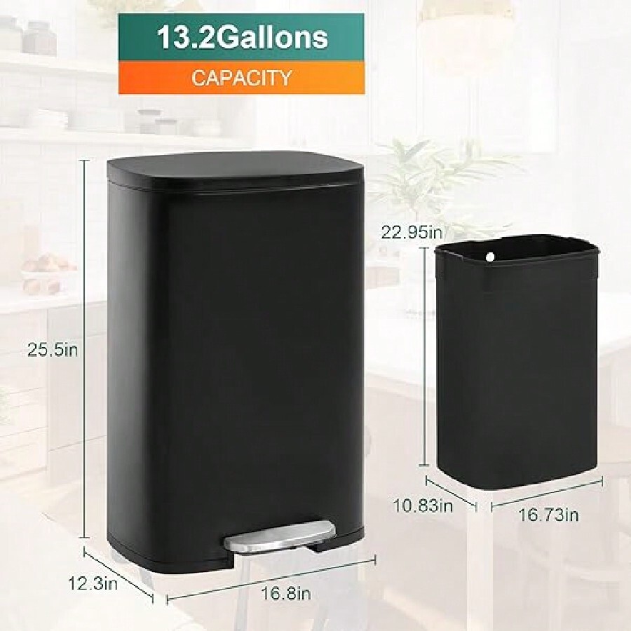 13 Gallon(50L) Trash Can, Fingerprint Proof Stainless Steel Kitchen Garbage Can With Removable ...