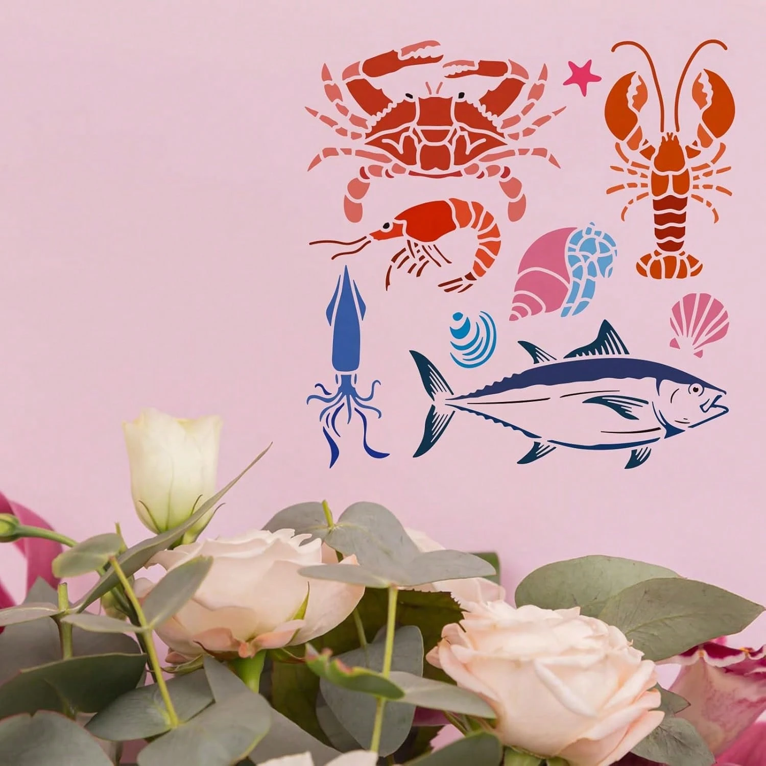1Pieces Sea Animal Stencil 11.8x11.8 Inch Fish Shrimp Crab Octopus ...