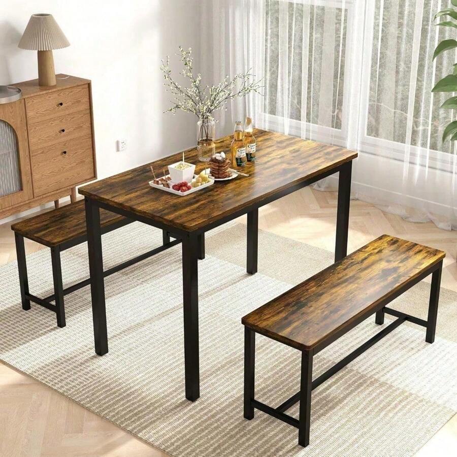 3-Piece 4 Bar 2 Dining Benches, 43.3'' Wood Kitchen Table & Chair Set ...