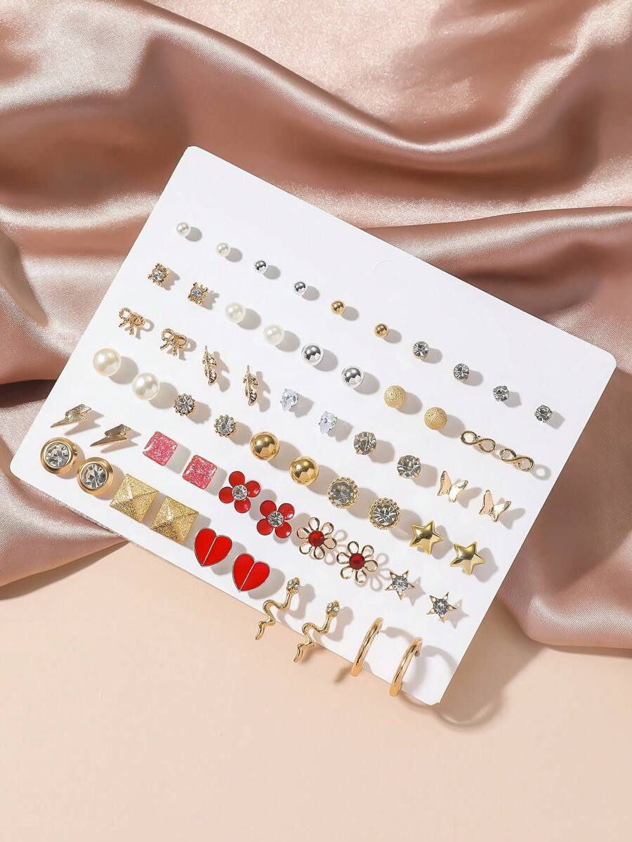 30 Pairs Earring Set, Minimalist Small Stud Earrings With Bow, Heart ...