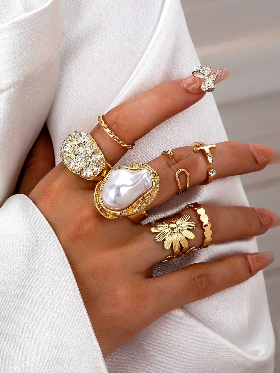 7 Pcs Golden Color Stacked Rings Set For Women , Faux Pearl Statement ...