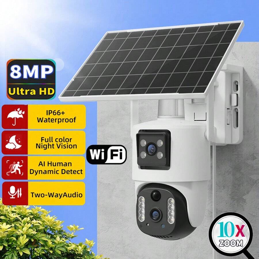 XIAOVV 8MP 4K Kabellosse Solarbetriebene Kamera WLAN Outdoor Dual-Objektiv WLAN IP Kamera PIR ...