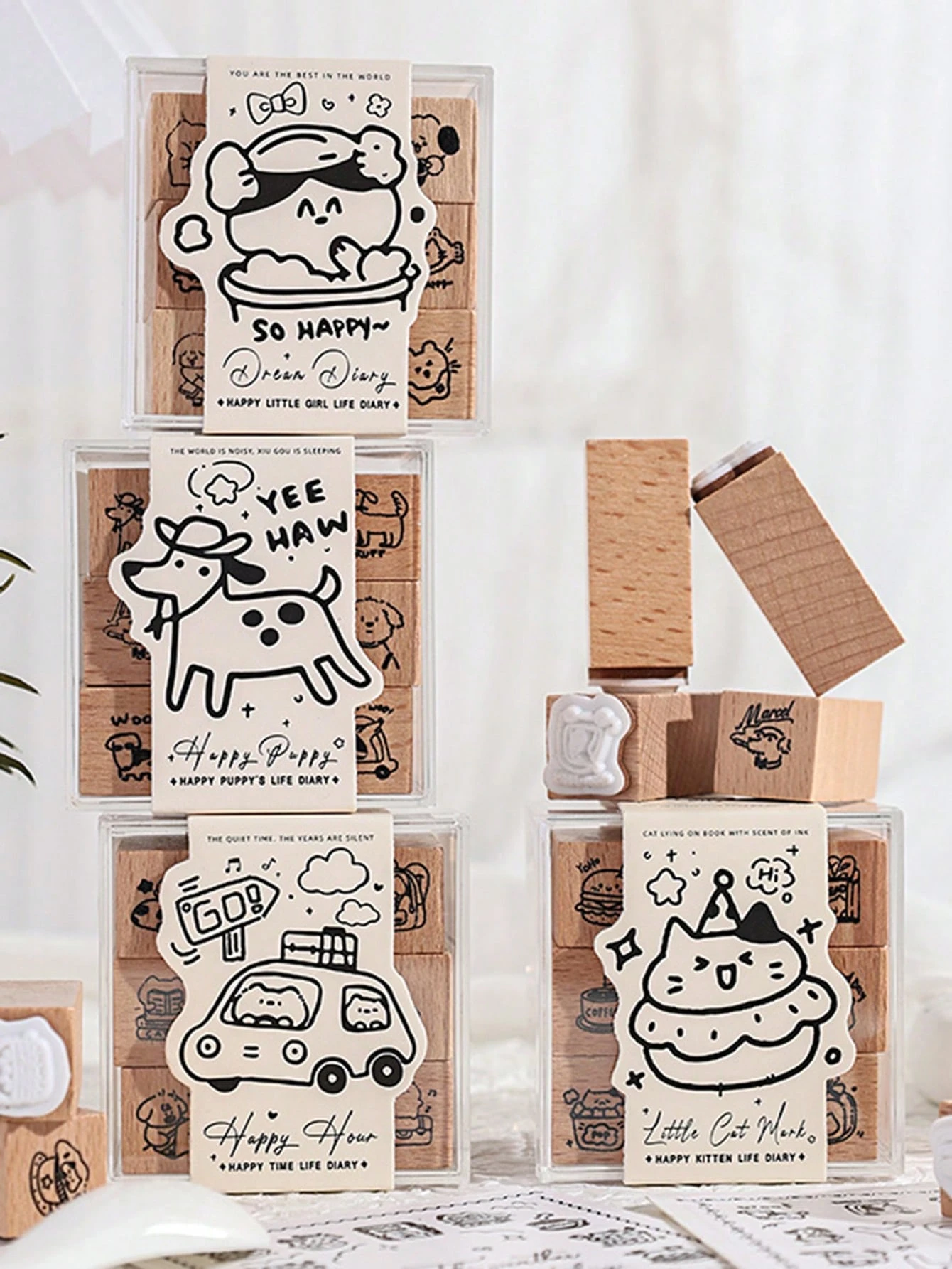 1 Set/9pcs Wooden Cute Cartoon Stamps, Small Town Market Series, Lovely ...