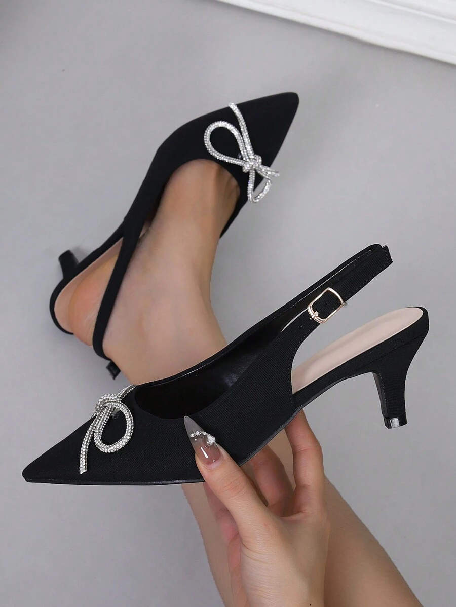 New Women's Pointed Toe Mid-Heel Rhinestone Bow Decor Pumps, Elegant ...