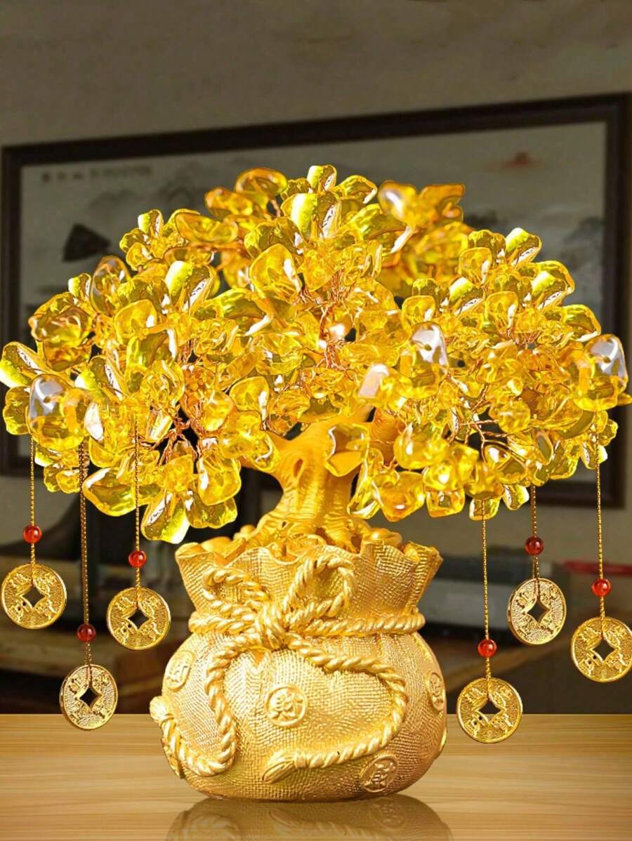1pc Feng Shui Crystal Money Tree With Dragon Pot Yellow Crystal Tree ...