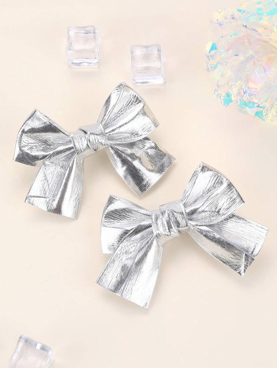 2pcs Silver Hair Bows For Girls Metallic Hair Bows Bow Hair Clips ...