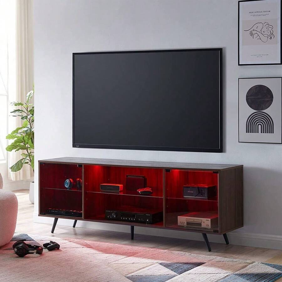 OKD Modern 75 Inch TV Stand With LED Lights, Shelves And Magnetic Doors ...
