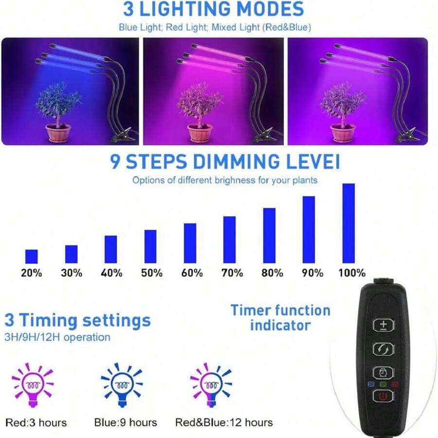 LED USB Grow Light With Clip Phytolamp Dimmable 3H/9H/12H Timer Setting ...