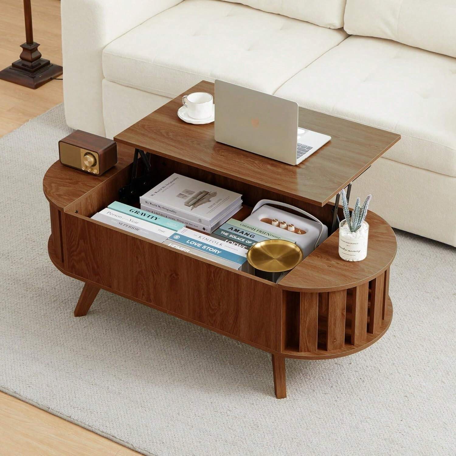 Wood Lift Top Coffee Table With Hidden Storage, 47.24" Oval Lift Table ...