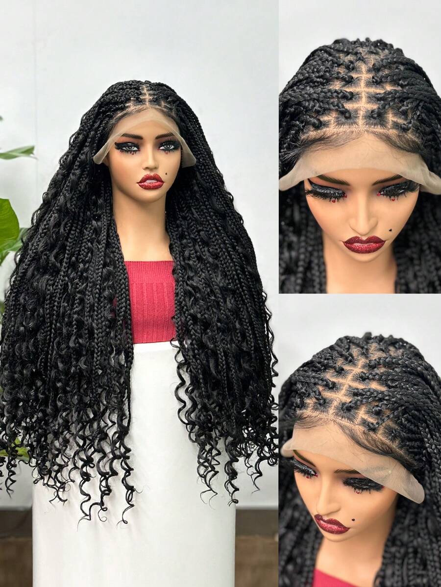 Synthetic Lace Frontal Boho Knotless Box Braided Wigs With Curly Hand ...