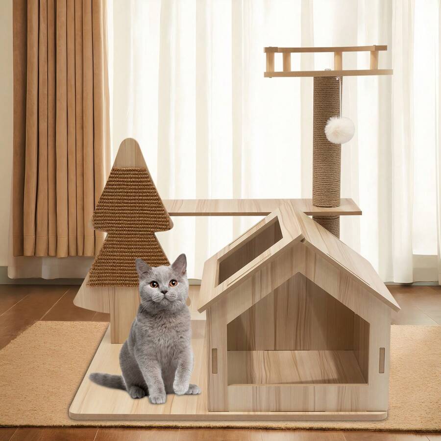 ZhdnBhnos Wooden Cat Climbing Tree Modern Cat Tree Condo Jute ...