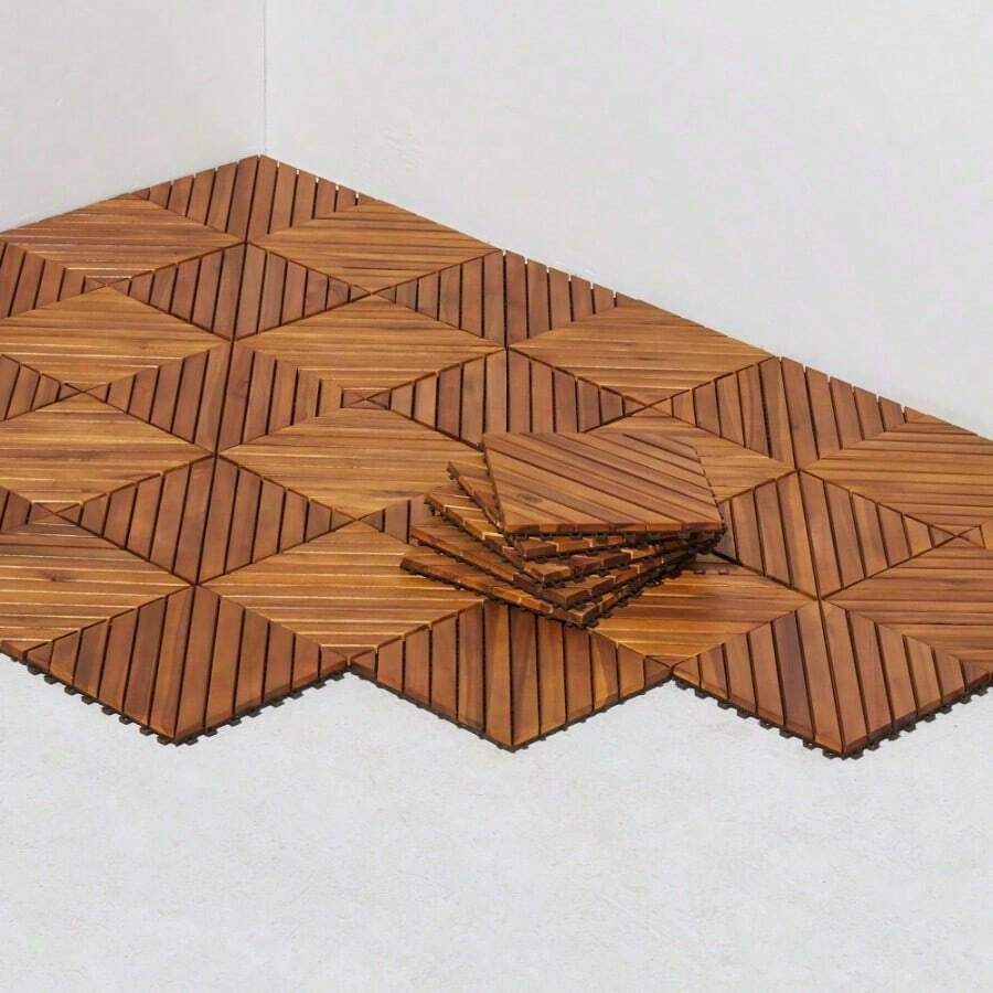 12-Diagonal Slat Acacia Interlocking Deck Tile (Set Of 10 Tiles ...