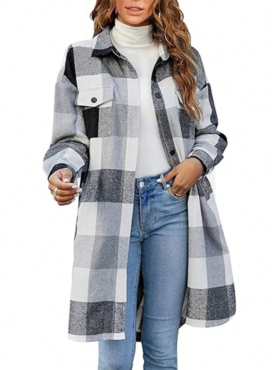 Women's Casual Oversized Long Plaid Flannel Shacket Jacket Long Shirt ...