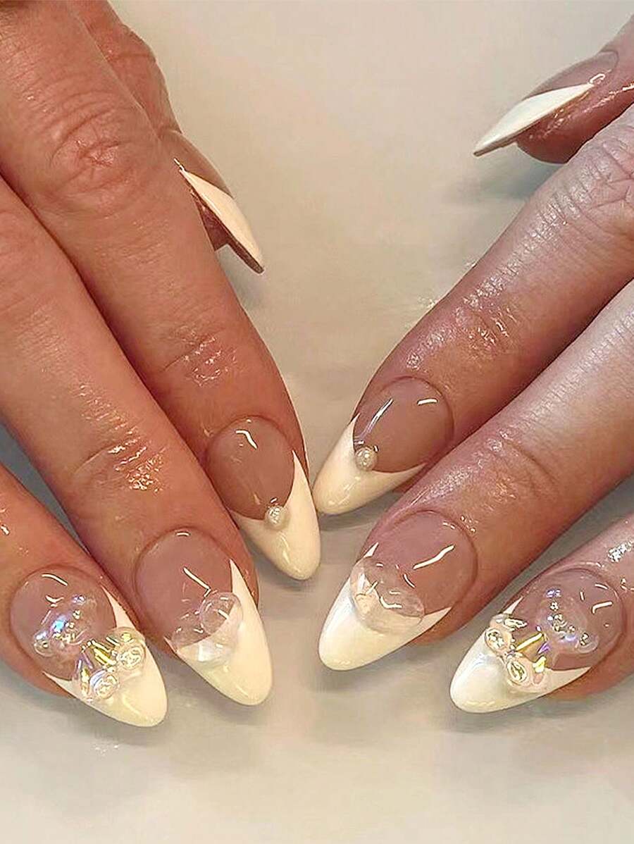 24pcs Almond Shape Valentines Nails With White French Tip Nails And 3D ...
