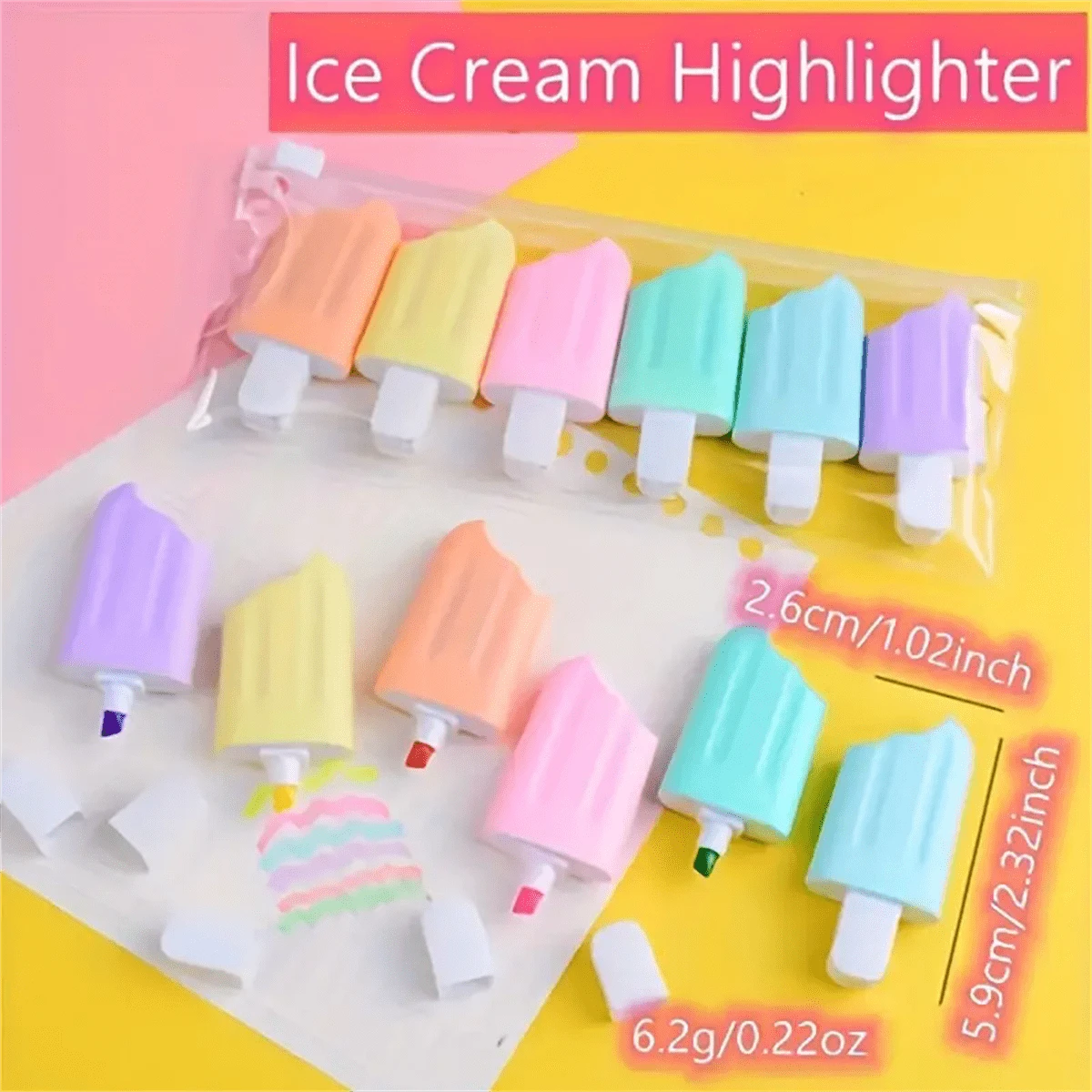 6pcs Mini Ice Cream Highlighter Pen Set, Multicolor Neon - Fluorescent ...
