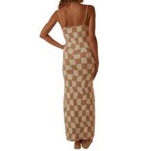 Women Checkerboard Knit Maxi Cami Dress Sleeveless Spaghetti Strap Low ...