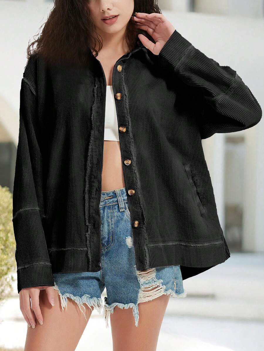 Corduroy Jacket Women Distressed Shacket Jacket Long Sleeve Raw Trim ...