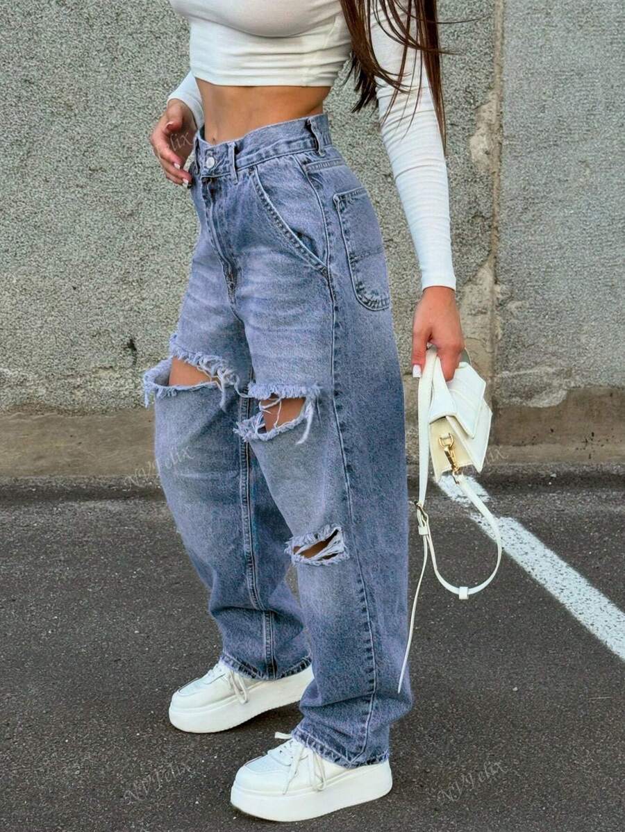 NVFelix 2025 New Women's Y2K Casual Fashion Street Ripped Design Pocket Straight Jeans | SHEIN USA