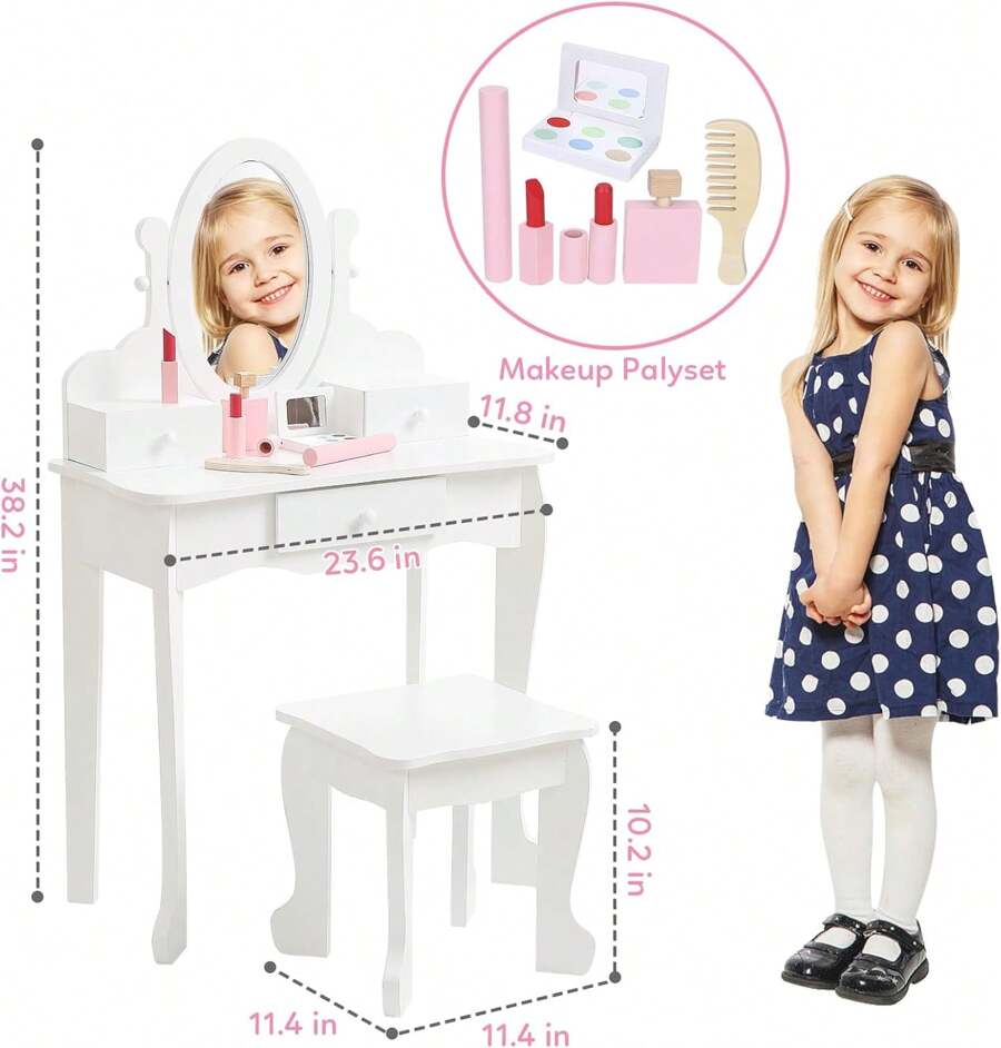 Kids Vanity With Mirror And Stool, Girls Vanity With Wood Makeup ...
