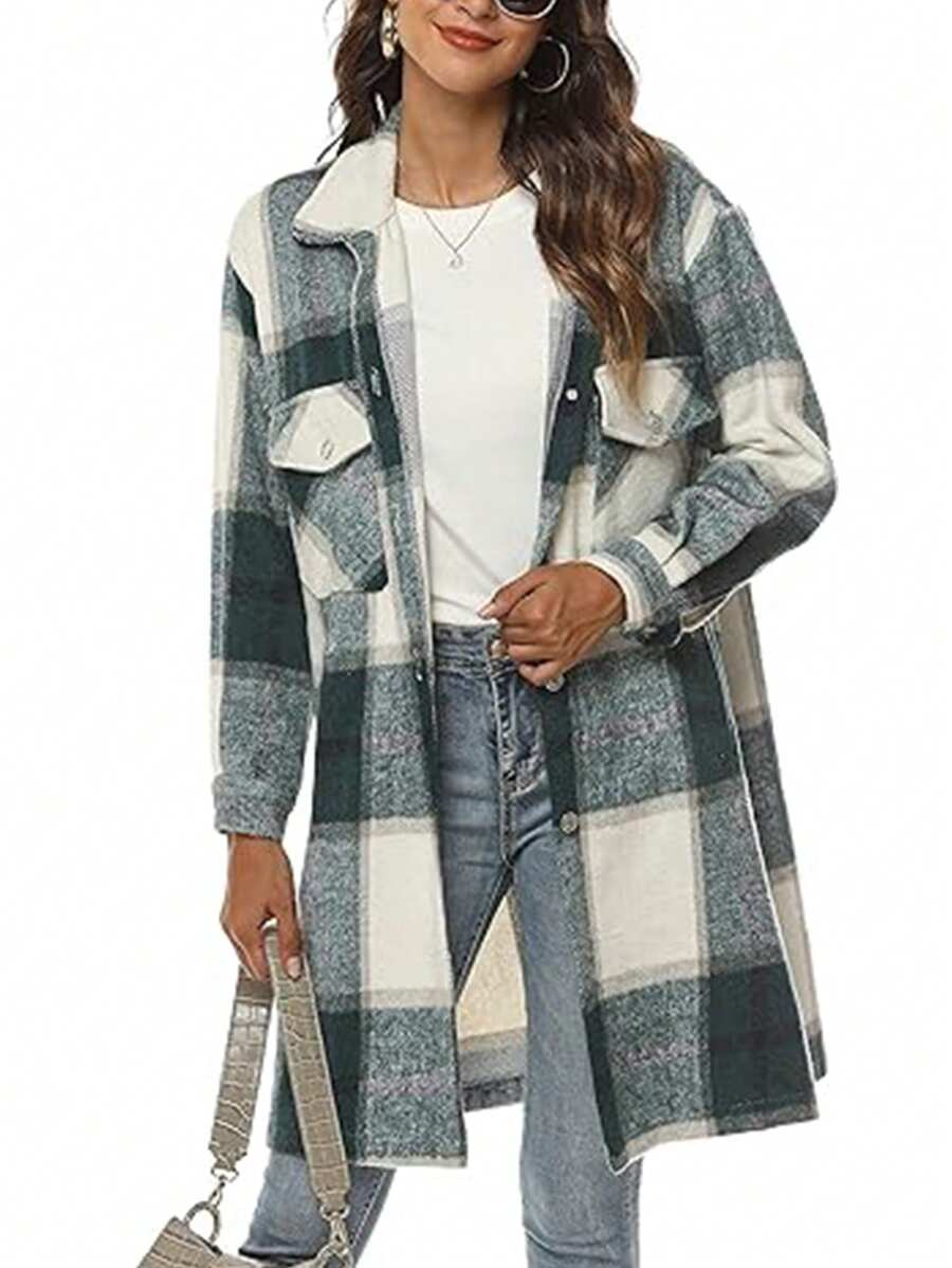 Women's Casual Oversized Long Plaid Flannel Shacket Jacket Long Shirt ...