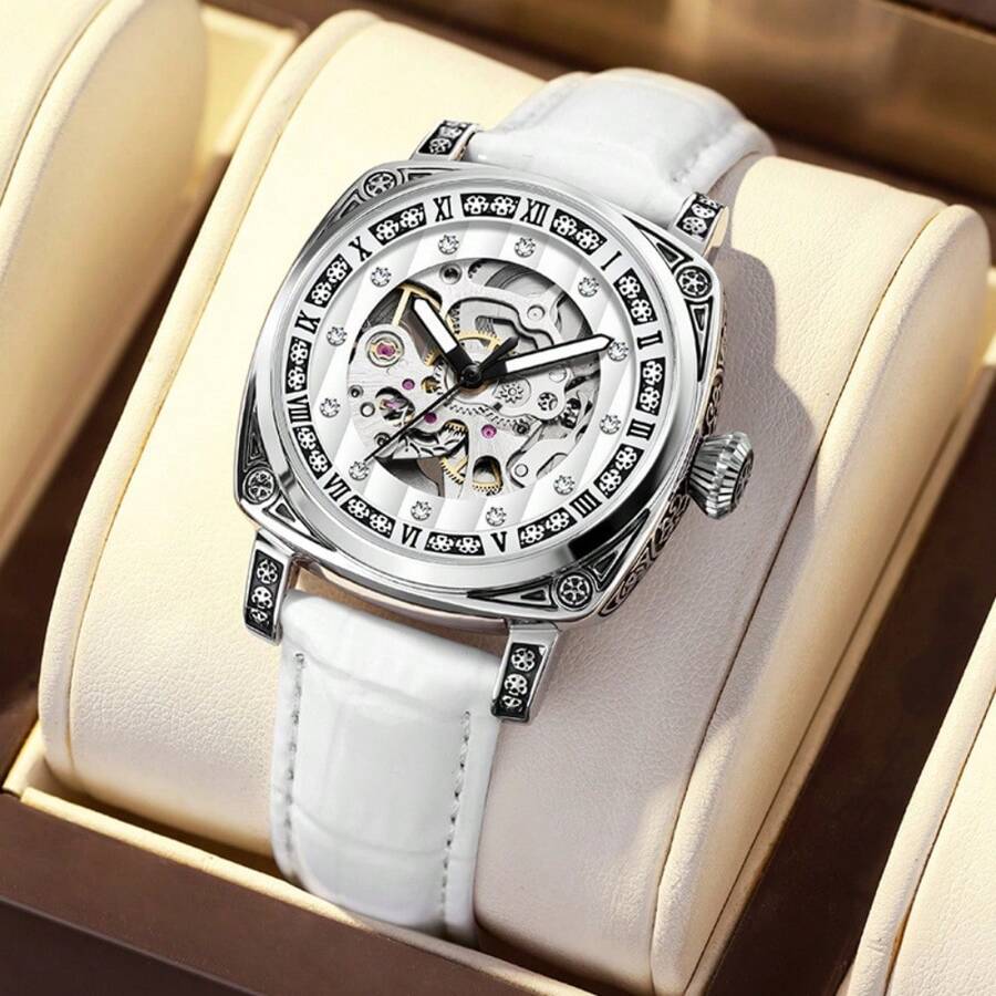 Women's Fashion Mechanical Watch Hollow Fully Automatic Ladies Leather ...
