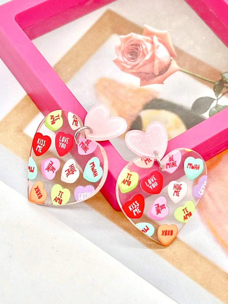 1 Pair Valentine's Day Love Theme Acrylic Heart-Shaped Women Dangle ...