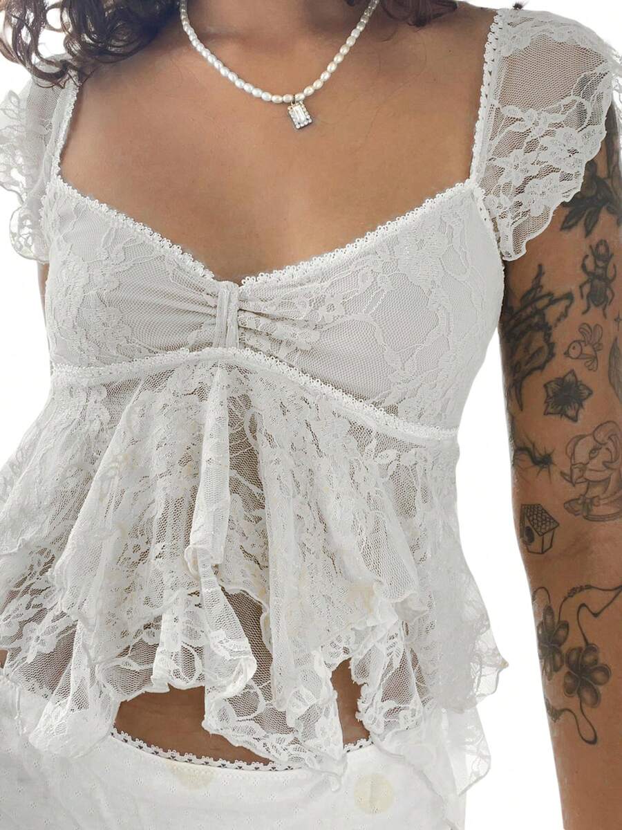 Women Summer Lace Camisole Ruffle Crop Tanks Flying Sleeve V Neck Lace Double Layered Lotus Edge ...
