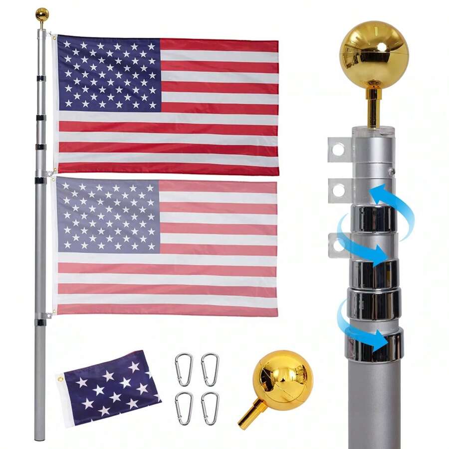25FT Telescopic Flagpole Kit Heavy Duty Aluminum Flag Pole American ...