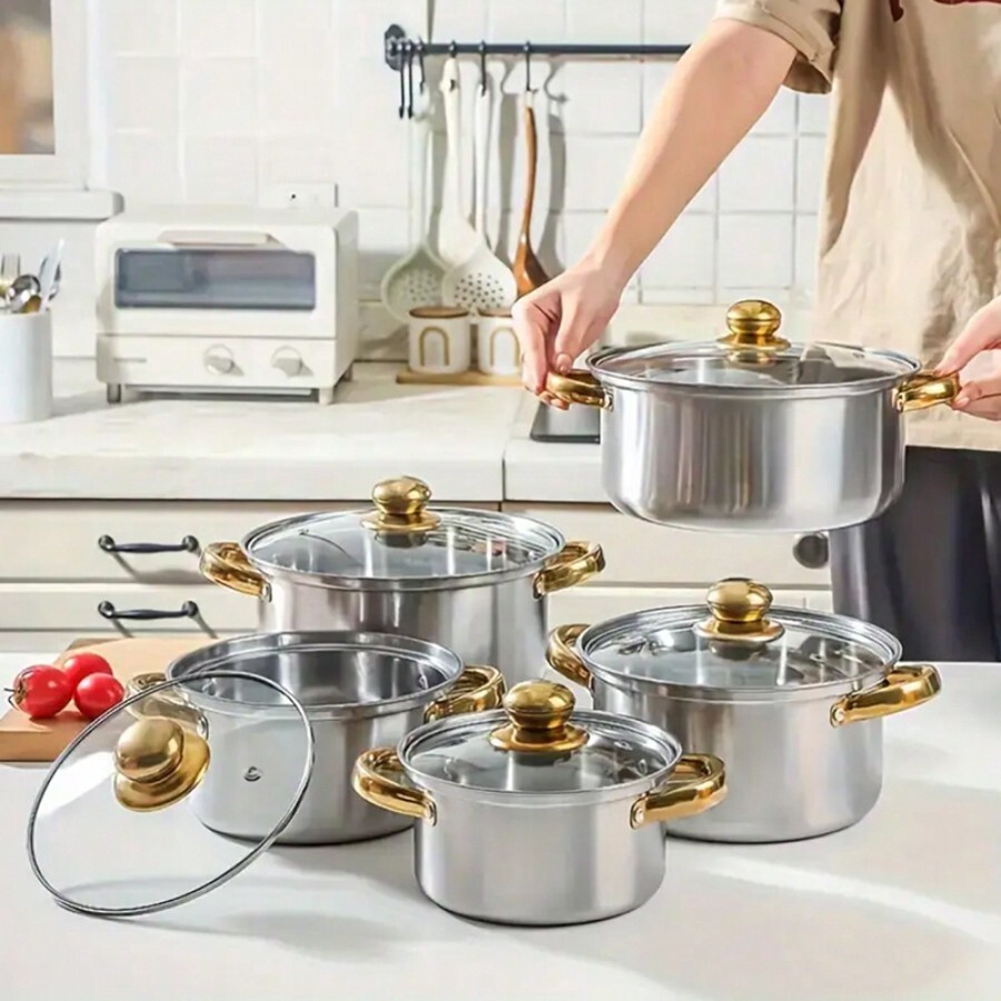 10pcs Stainless Steel Cookware Set With Lids - Multifunctional Kitchen ...