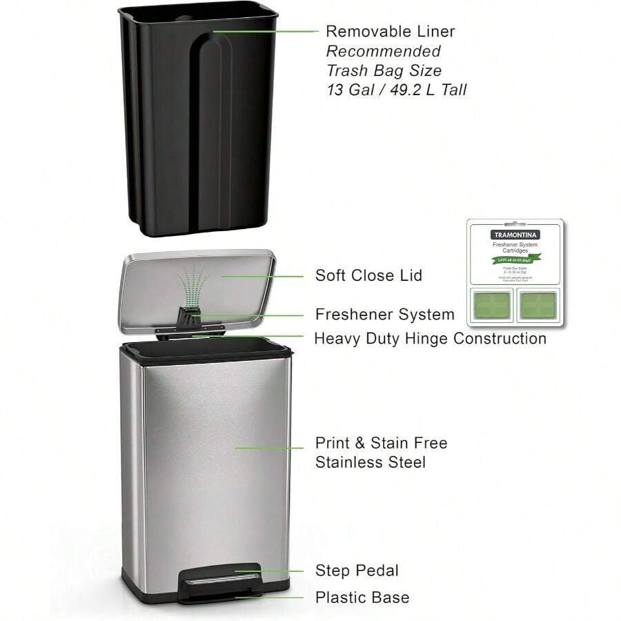 13 Gallon Step Trash Can Stainless Steel Includes 2 Freshener ...