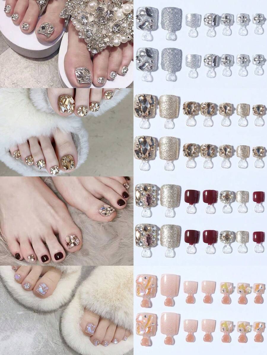 96Pcs(4 Styles)Square French Tip Fake Toenail With Rhinestones Fit ...