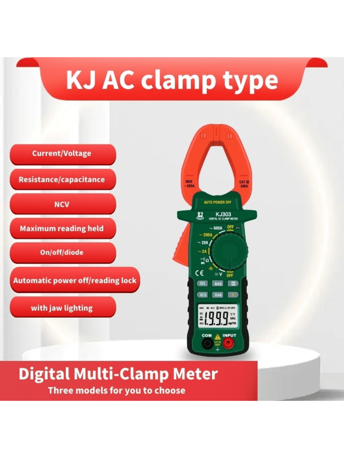 KJ303 Premium Digital Clamp Multimeter, Precise Measurement, Ohm, Diode ...