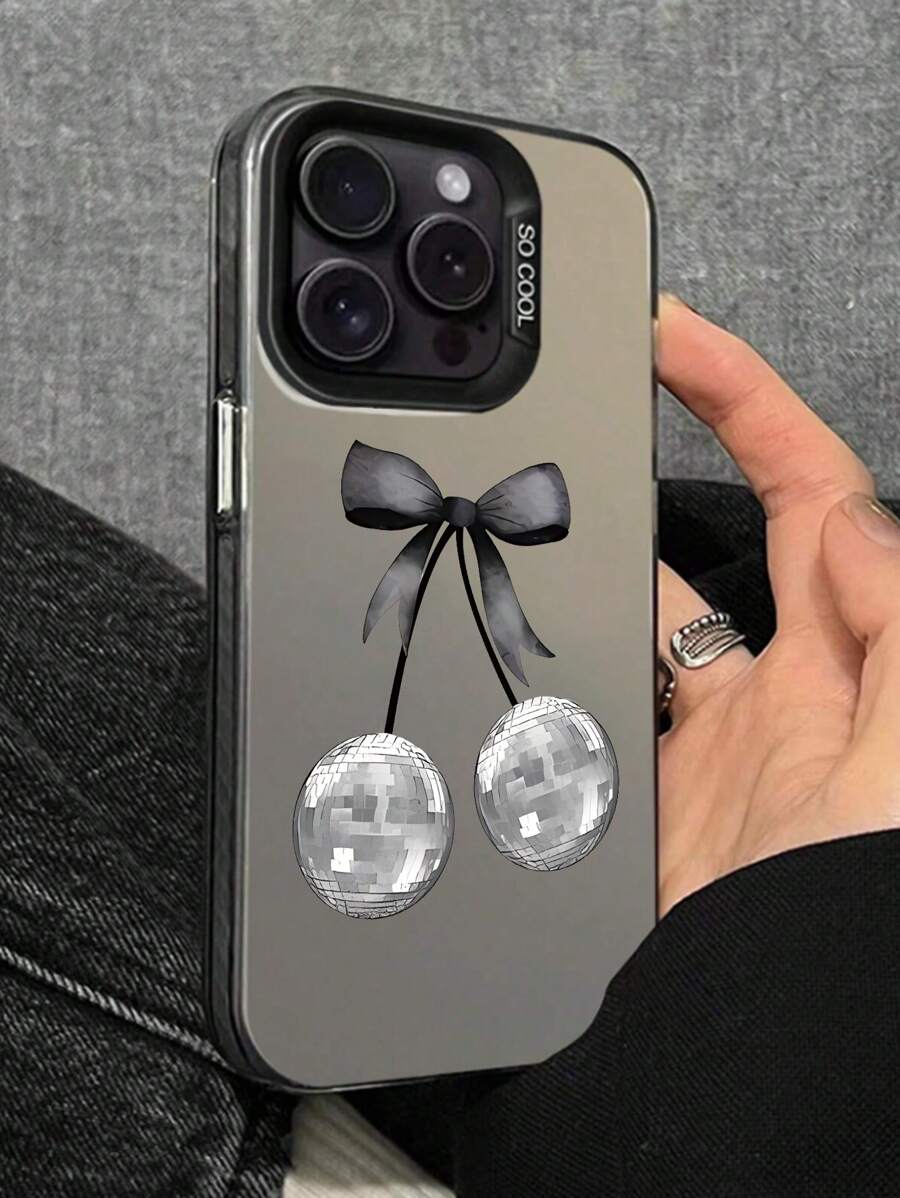 1pc Cherry Pattern Black & Color Plated Phone Case Compatible With ...