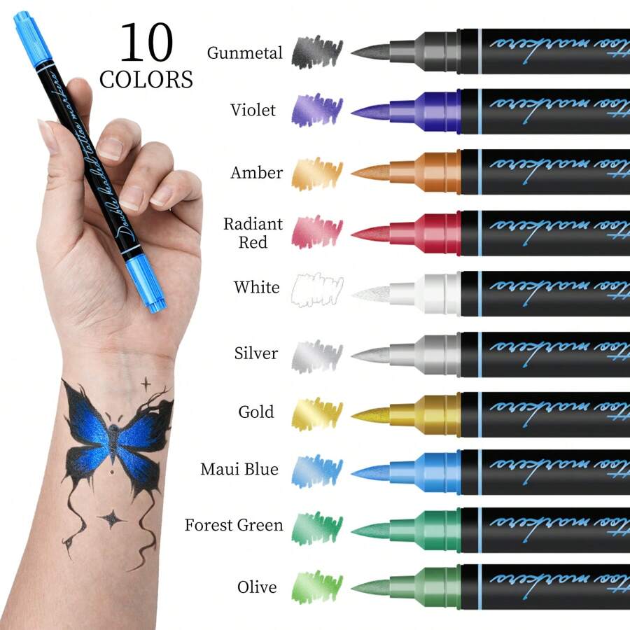 10-Color Tattoo Pen, Double-Head Temporary Tattoo Marker, Flexible Body ...