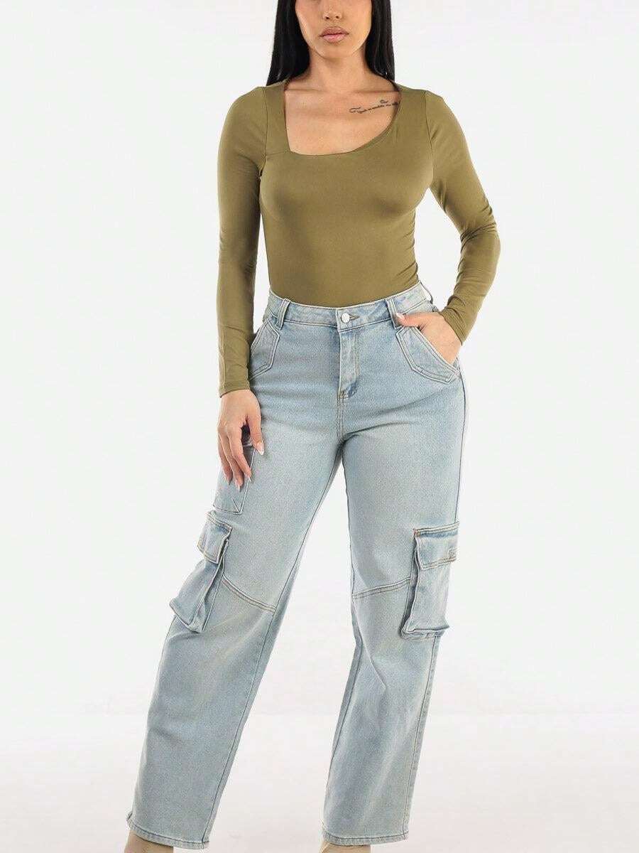 Moda Xpress Super High Waist Straight Wide Leg Cargo Jeans Light Wash ...