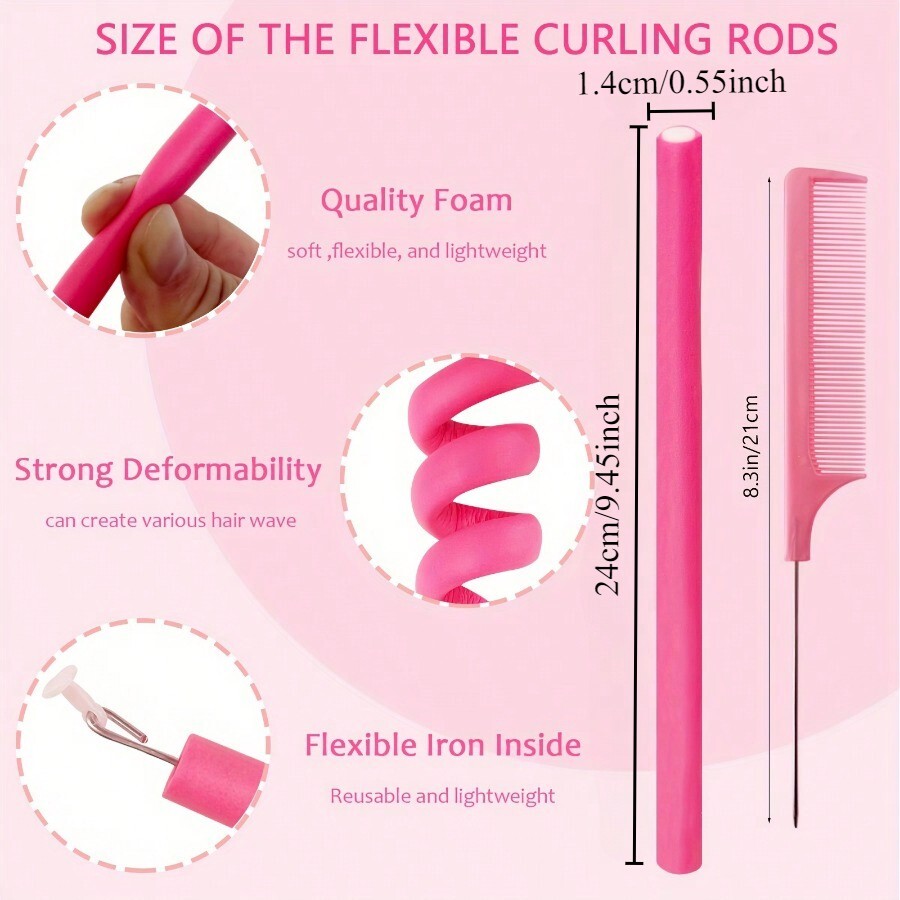20pcs+2pcs Flexible Heatless Hair Rollers - Bendy Twist Curling Rods For DIY Soft Foam Curls ...
