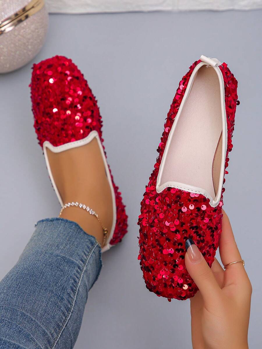 Women's Sequin Square Toe Low Heel Flats, Elegant Style Ballet Flats ...