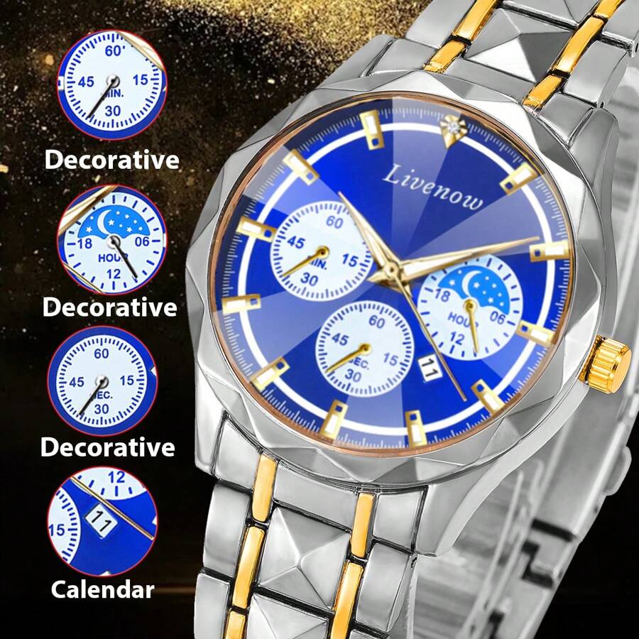 Men Watch Stainless Steel Button Hidden Clasp Sports Watch Luxury Date ...