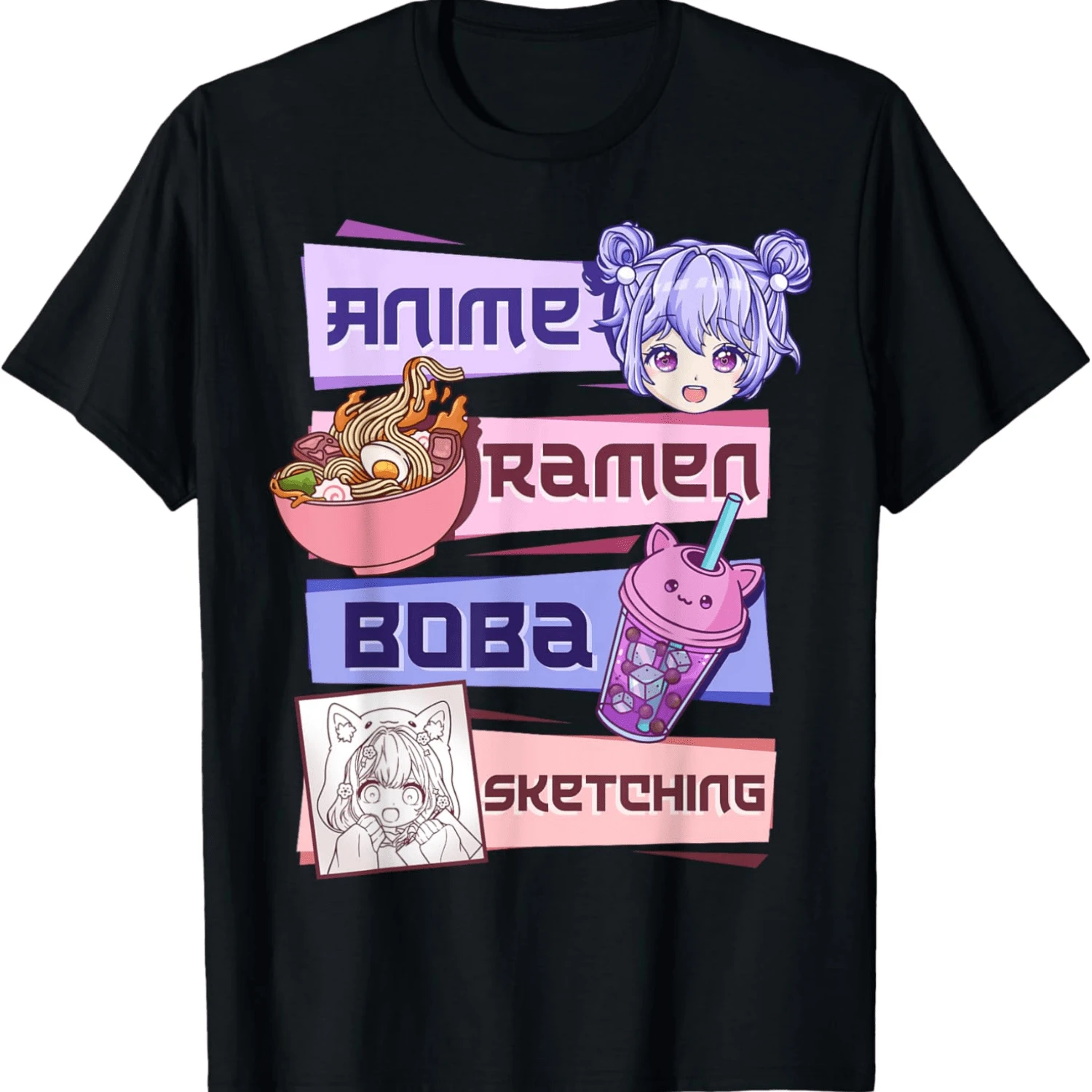 Anime Girl Ramen Boba Tea Bubble Tea Sketching T-Shirt | SHEIN USA