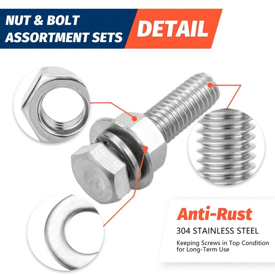 256Pcs Hex Head Nuts And Bolts Assortment Kit, Stainless Steel 1/4-20, 5/16-18, 3/8-16 Bolts And ...