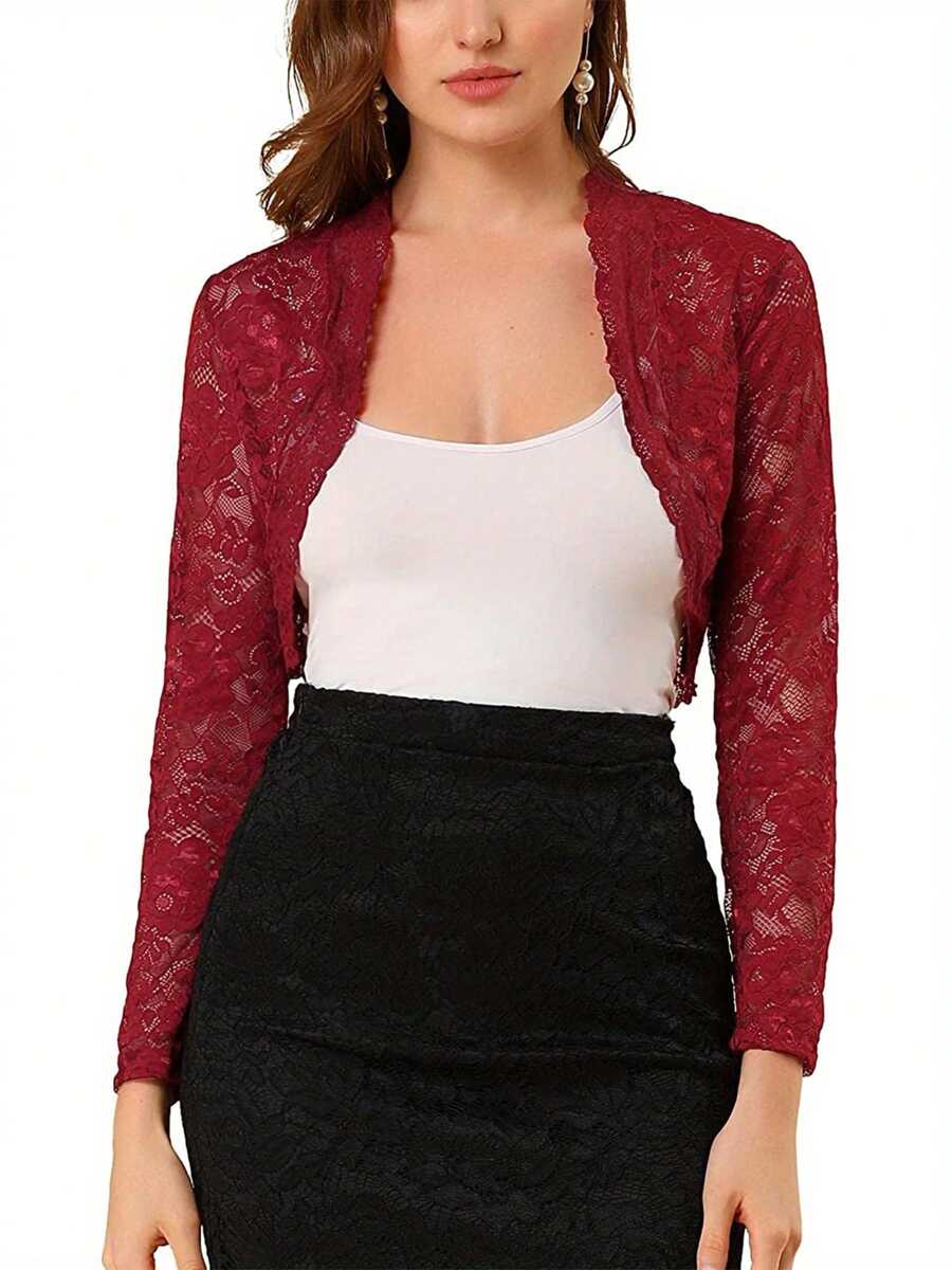 Women Floral Lace Cardigan, Adults See-Through Scalloped Long Sleeve ...