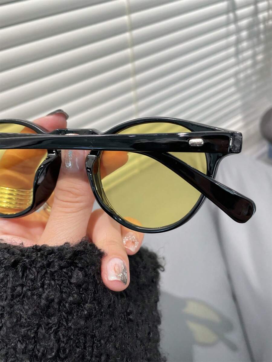 Rivet Oval Frame Fashion Glasses, Retro Bright Yellow Lens Unisex ...