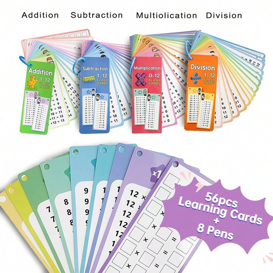 56 Pcs Double-Sided Flash Cards, Pack Of Add Subtract Multiple Divide ...