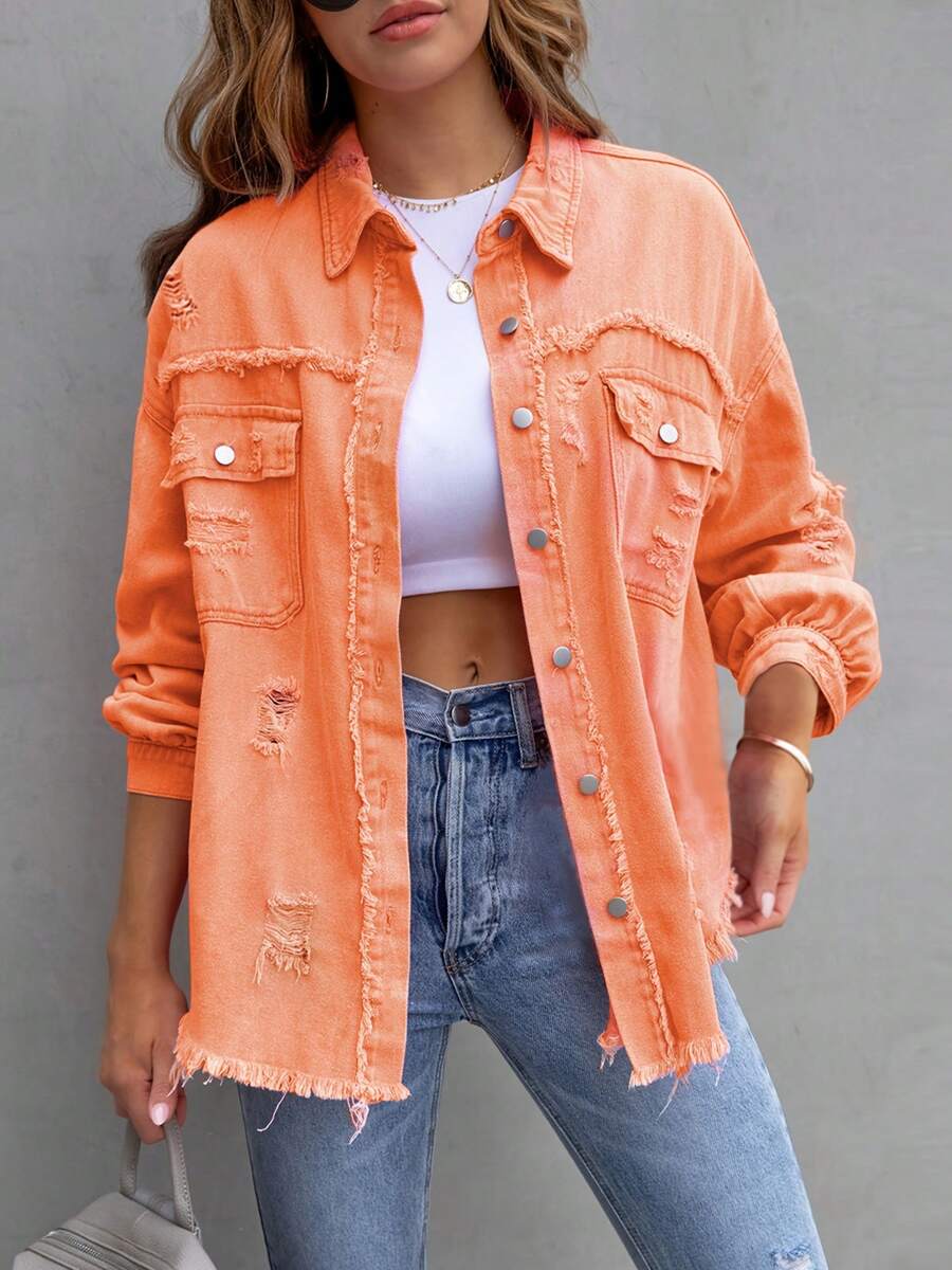 Women's Ripped Distressed Denim Jacket Long Sleeve Button Down Boyfriend Jean Coat Trucker ...