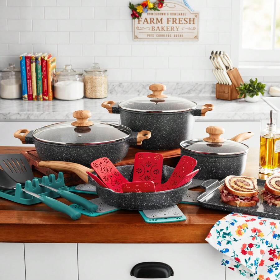 The Pioneer Woman Prairie Signature 14-Piece Cast Aluminum Cookware Set ...