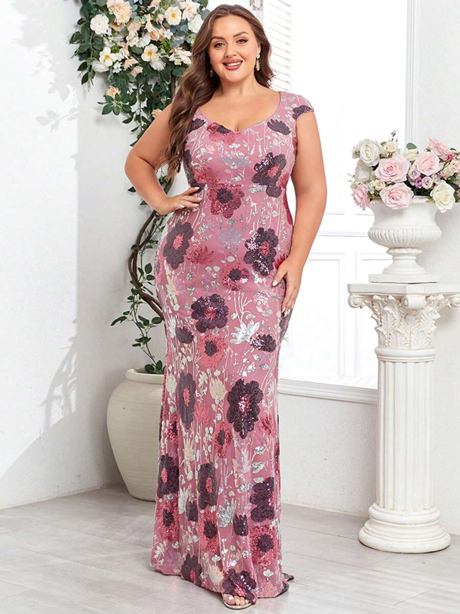 Women's Plus Size Floral Maxi Dress, Polyester V-Neck Sleeveless ...