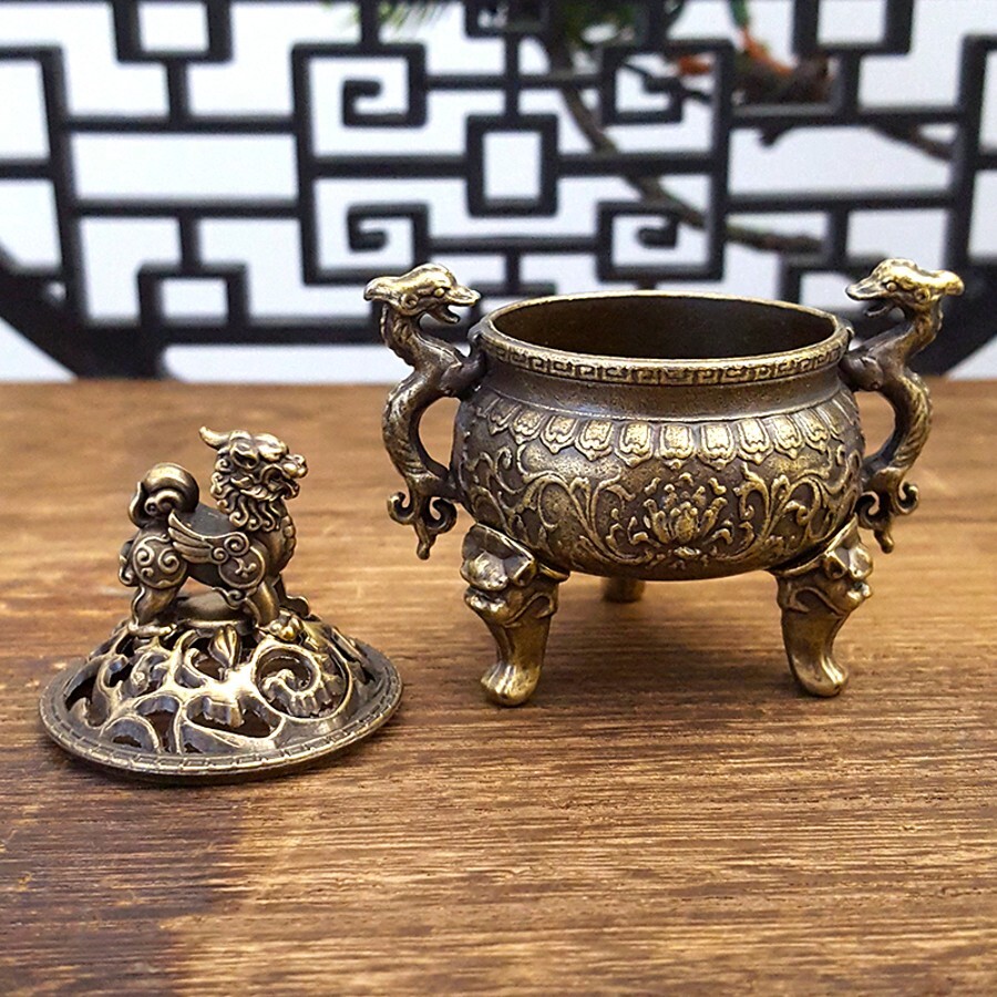 1pc Vintage Qilin Dual Dragon Incense Burner, Antique Metal Incense Holder With Lid & Mythical ...
