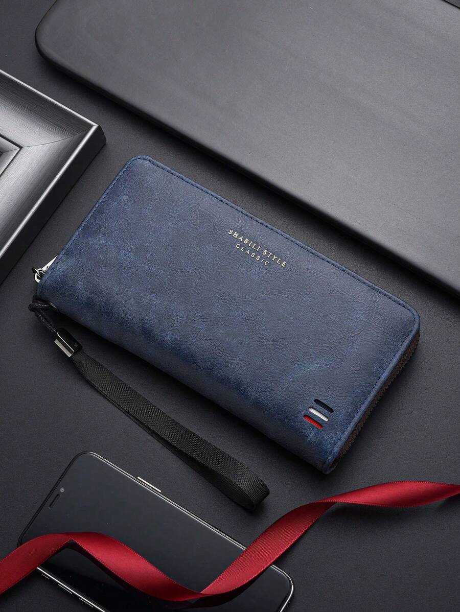 SHABILI 1pc Solid Color PU Leather Large Capacity Zipper Business ...