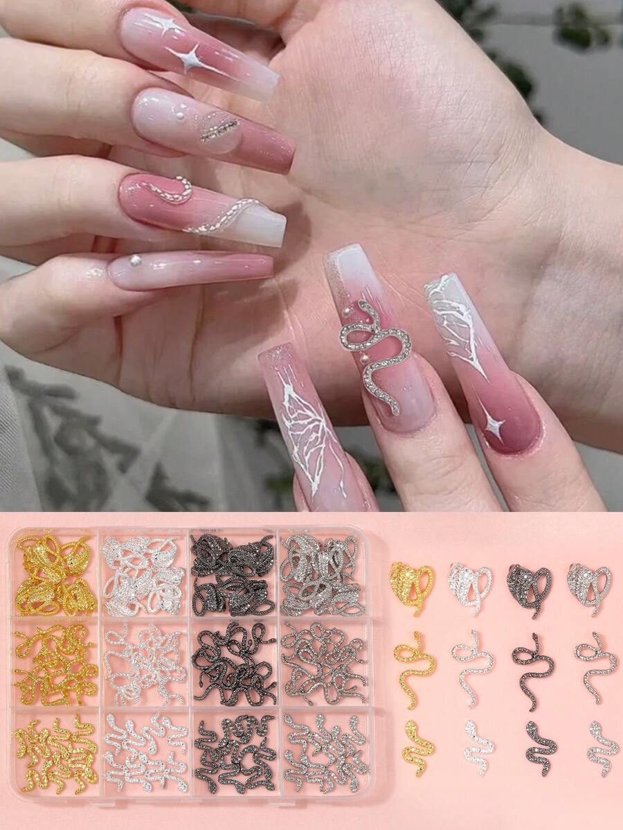 12-Grid Snake-Shaped Cool Nail Decorations, 4-Color Snake-Shaped Shiny ...
