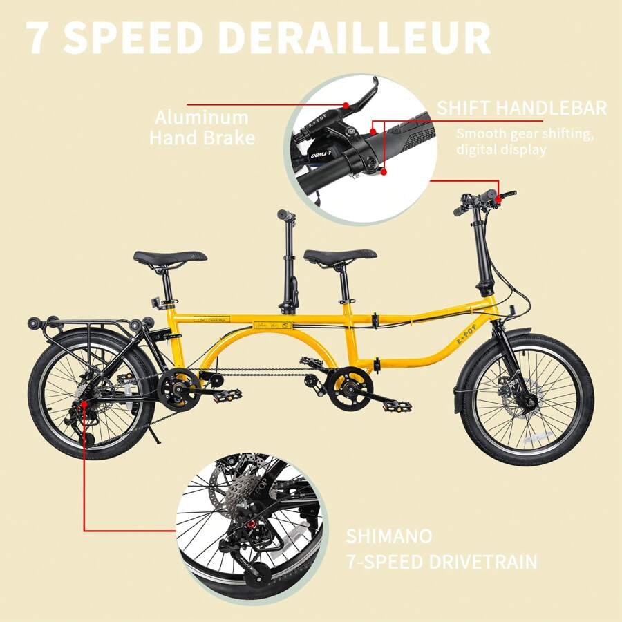 Folding Tandem Bike For Adults, Beach Cruiser Double Bike For Two Adults 7 Speed Tandem Bikes 20 ...